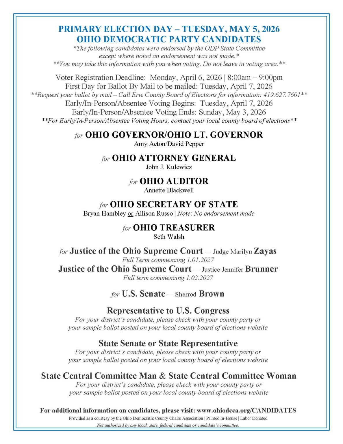 Democratic State Candidates Sample Ballot | Ohio Democratic County ...