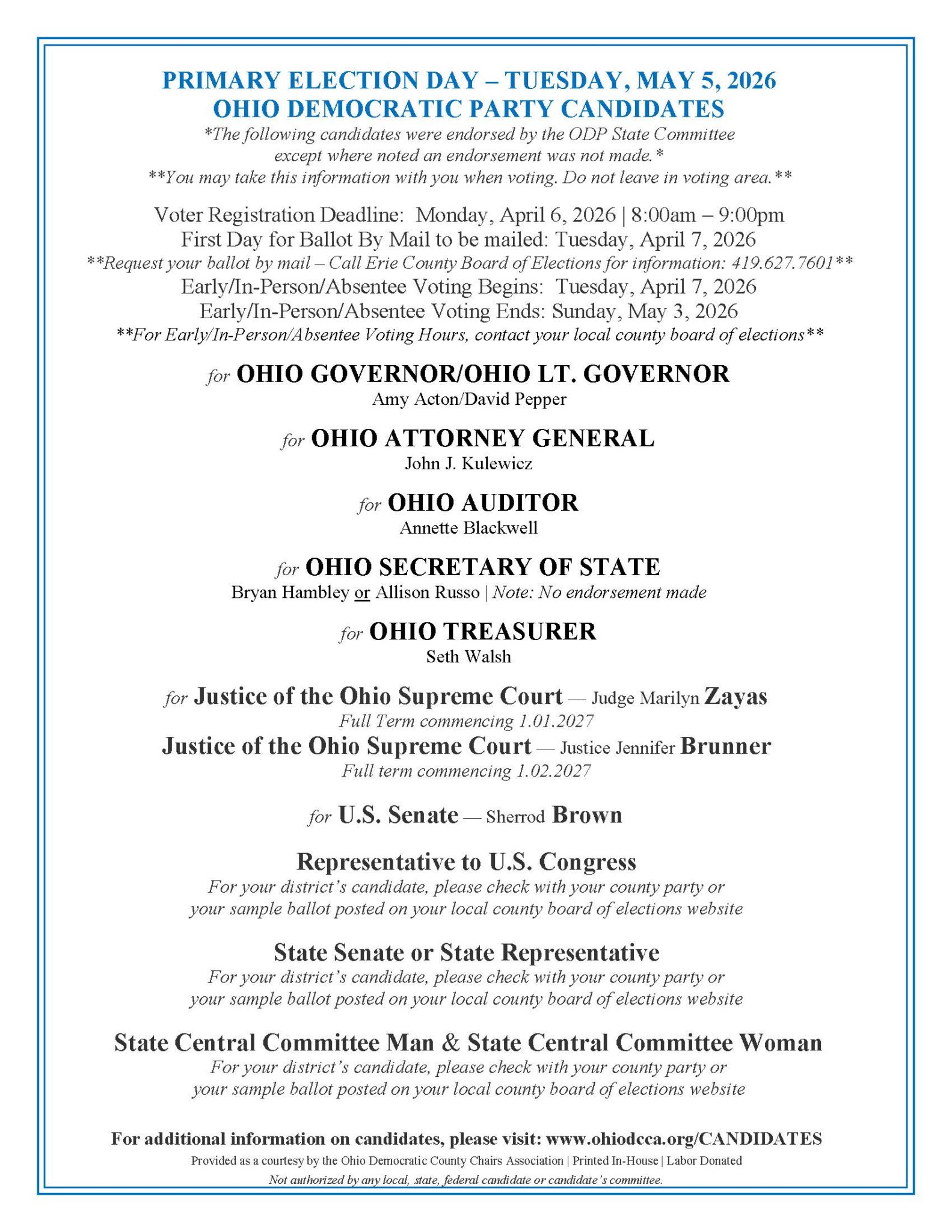 Democratic State Candidates Sample Ballot | Ohio Democratic County ...